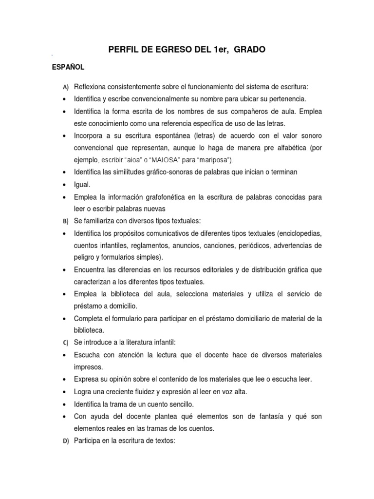 Perfil de Egreso de Primer Grado Grado | PDF | Educación primaria ...