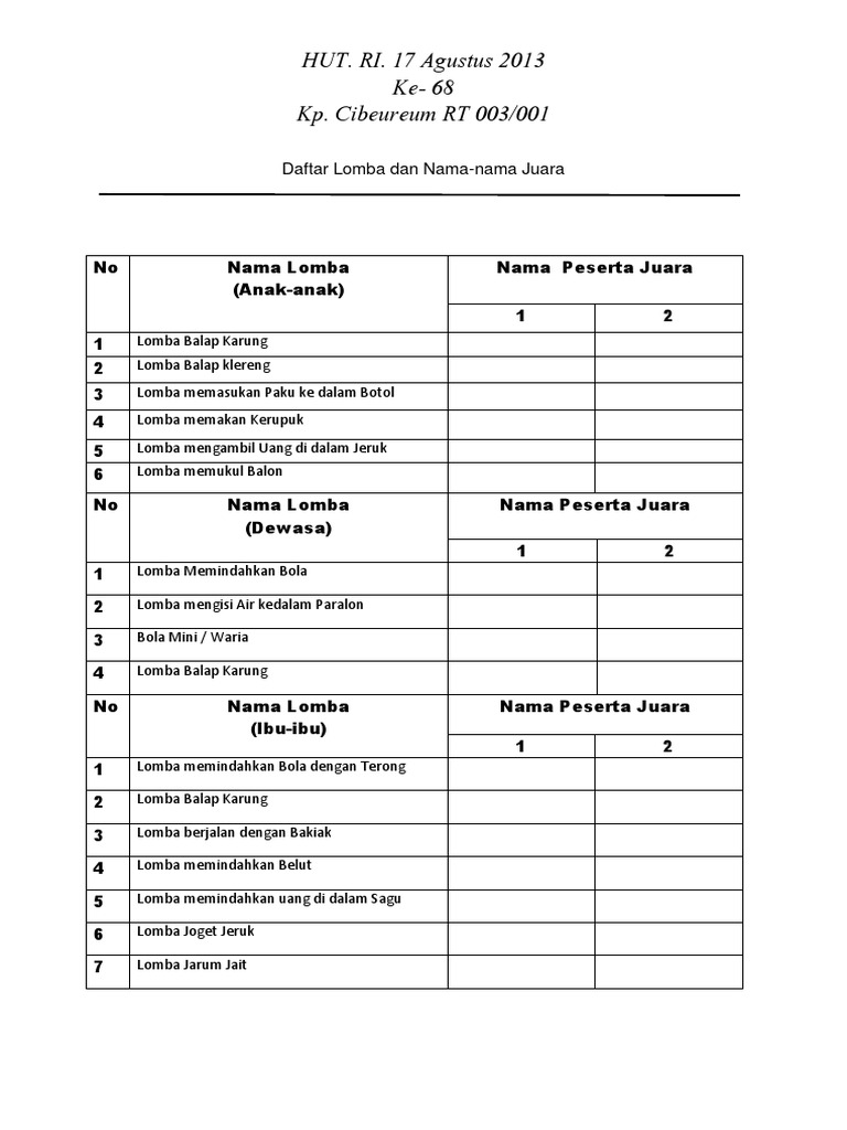 Daftar Dan Nama Lomba | PDF