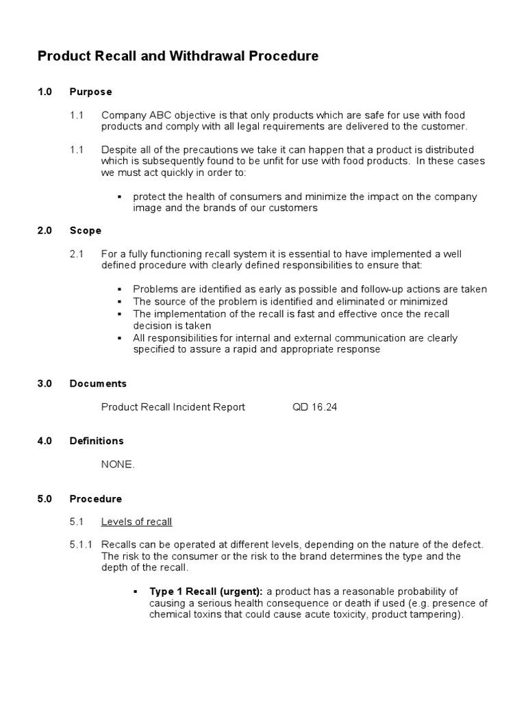 Product Recall and Withdrawal Procedure | PDF | Risk | Brand