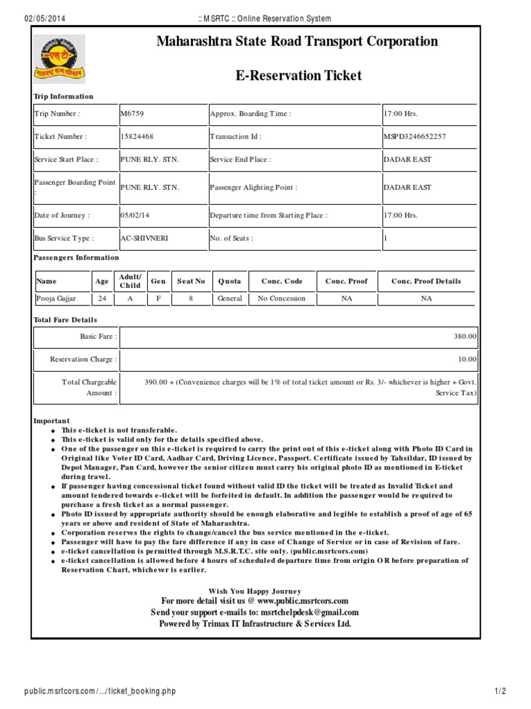 MSRTC - Online Reservation System | PDF | Identity Document | Ticket ...