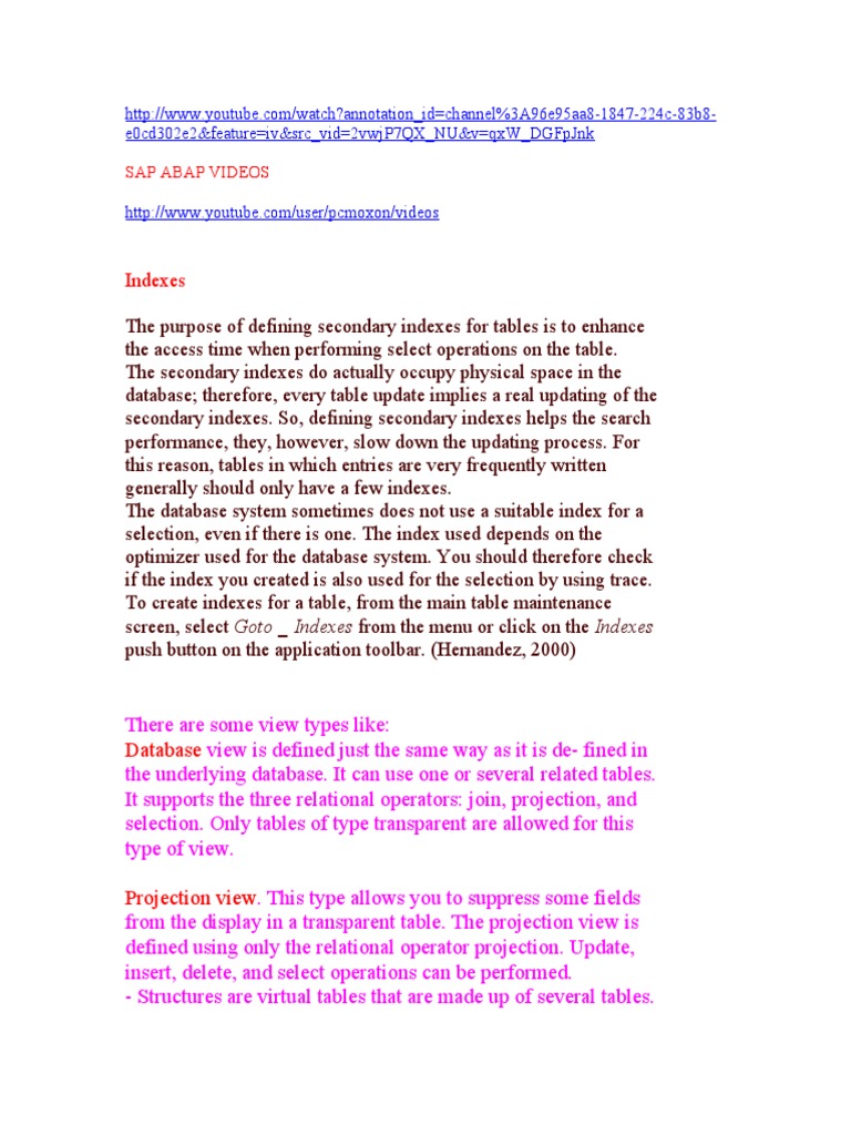 Indexes: Sap Abap Videos | PDF | Database Index | Information Management