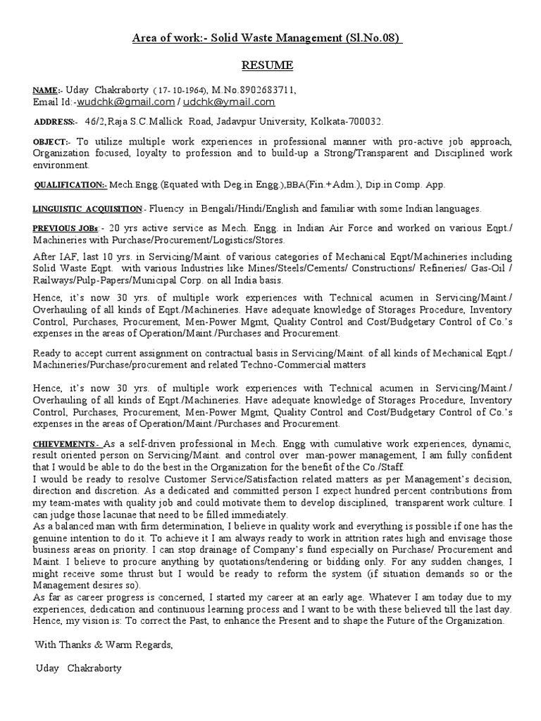 Area of Work:-Solid Waste Management (SL - No.08) Resume: NAME | PDF