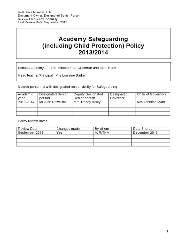 E32 Safeguarding (Including Child Protection) Policy Dec 2013 | PDF | Child Neglect | Child ...