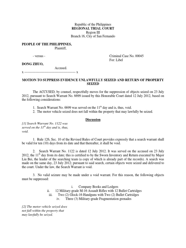 Motion To Suppress Evidence and Return of Property Seized | PDF ...