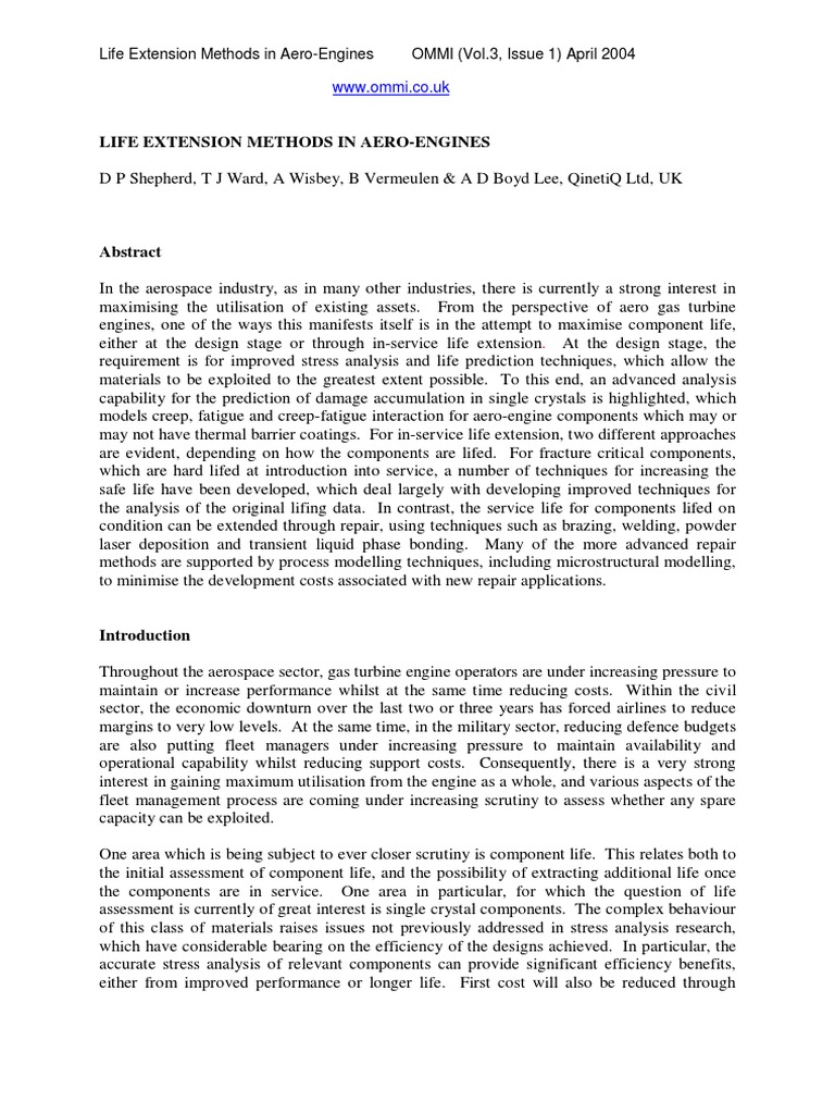Life Extension Methods in Aero-Engines OMMI (Vol.3, Issue 1) April 2004 ...