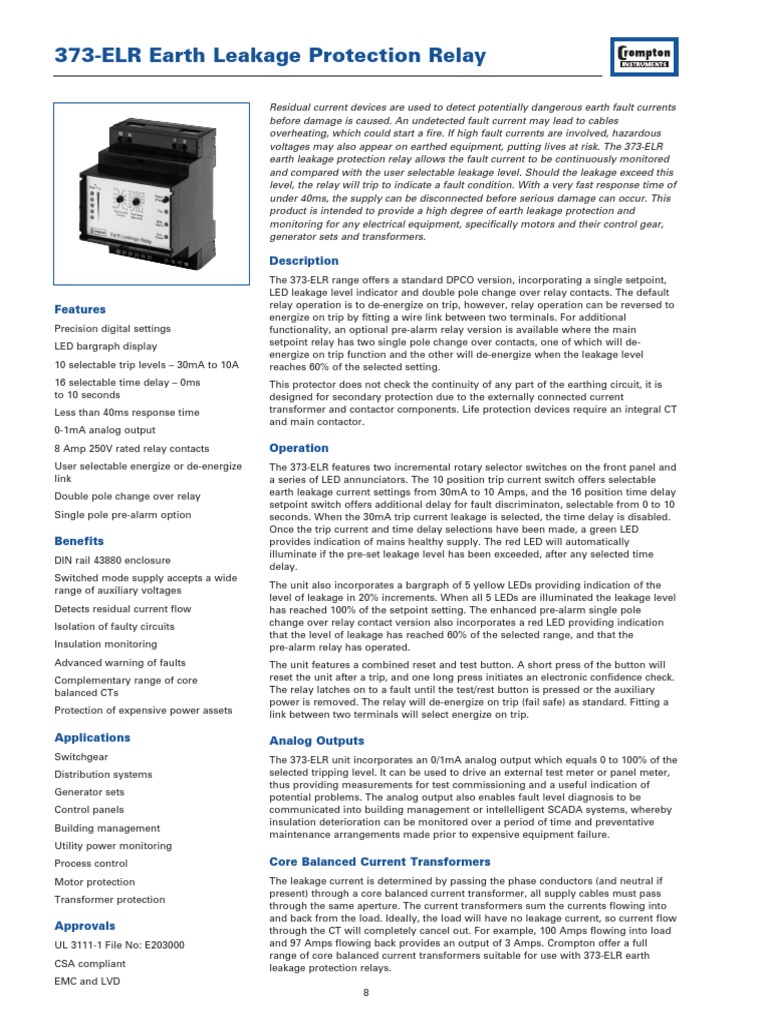 373-ELR Earth Leakage Relay Overview | PDF | Relay | Transformer