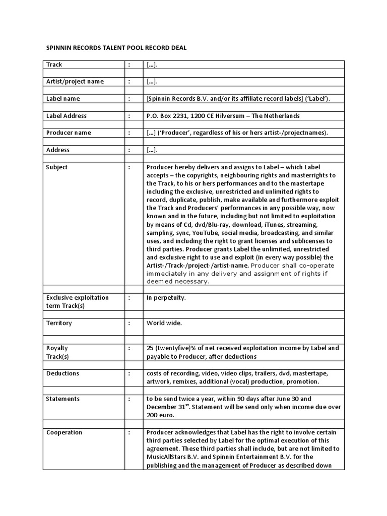 Spinnin Records Talent Pool Agreement | PDF | Business