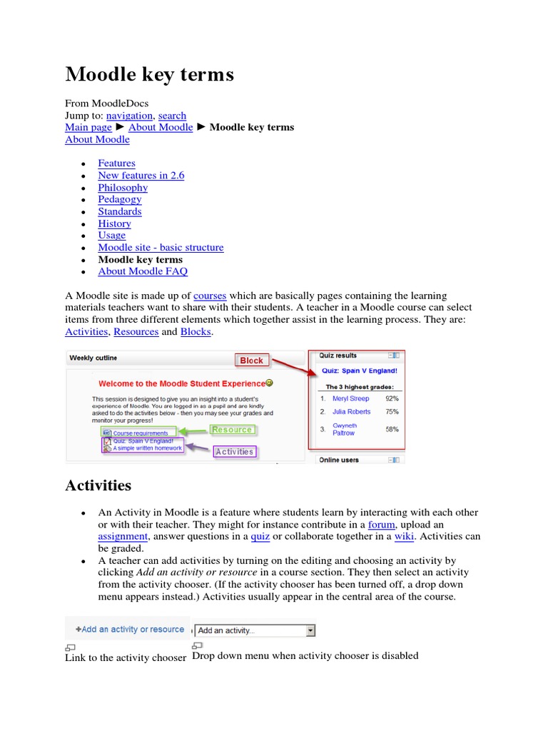 Moodle Key Terms: Activities, Resources, Blocks | PDF