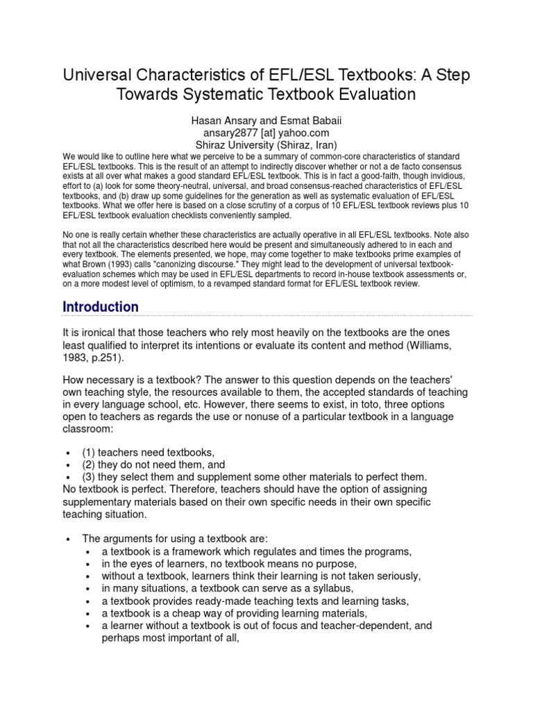 Universal Characteristics of EFL | PDF | Textbook | Teachers