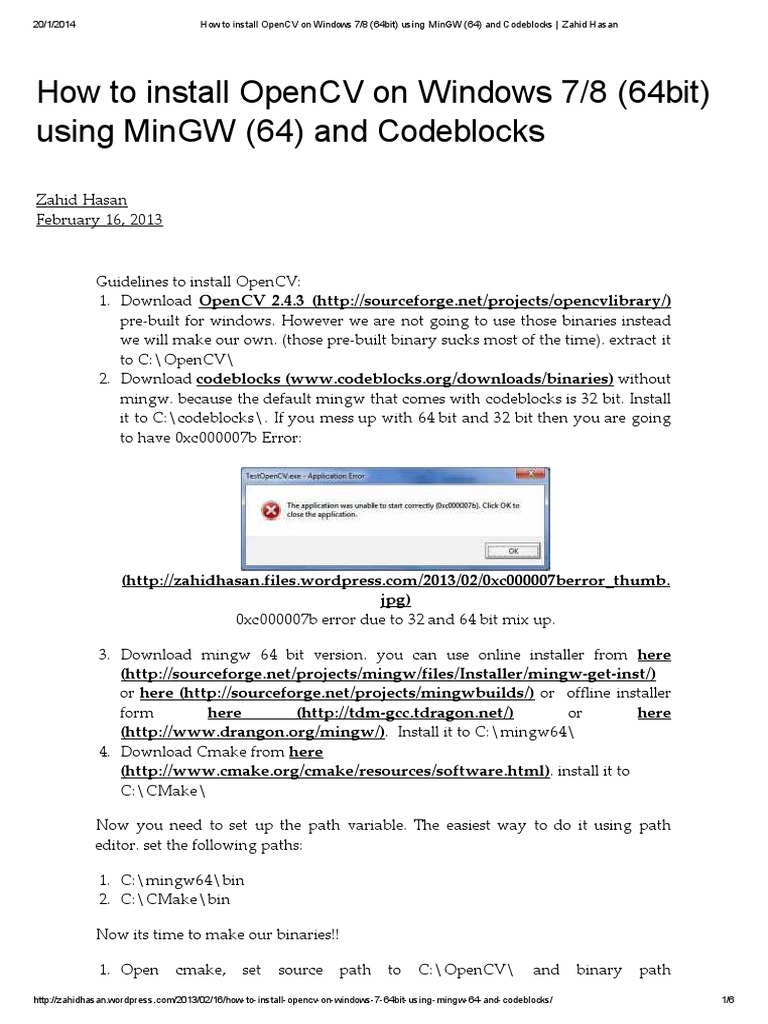 How To Install Opencv On Windows 7 8 64bit Using Mingw 64 And Codeblocks Zahid Hasan