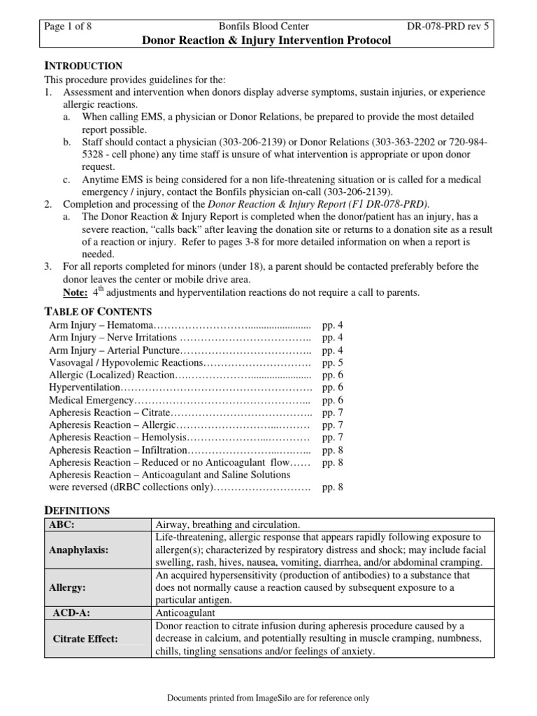 Donor Reaction Intervention Protocol | PDF | Blood Donation | Paresthesia