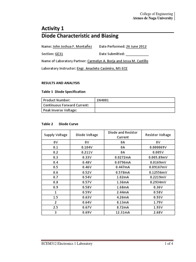 Activity 1 (Diode Characteristics and Biasing) | PDF | Diode | Anode
