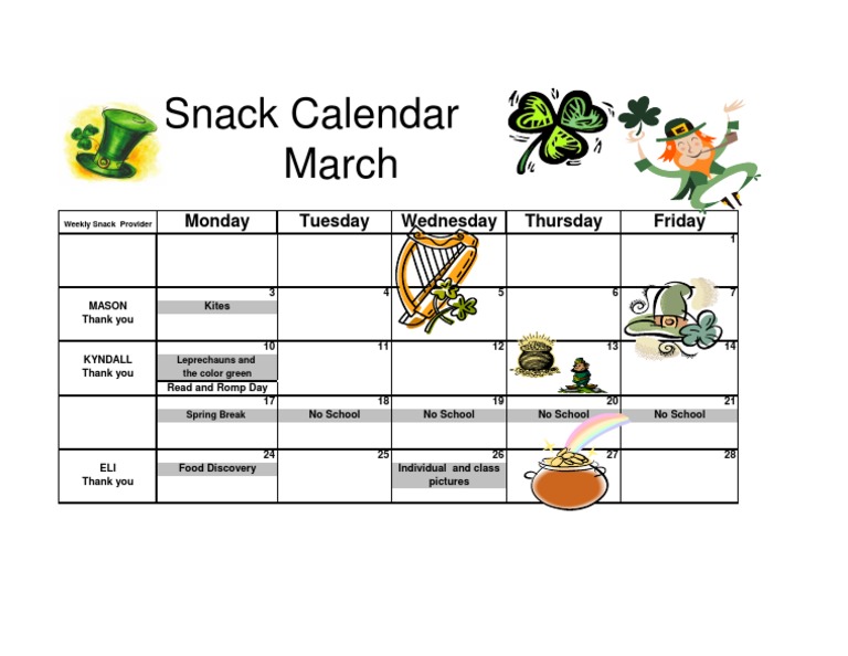 March Snack Calendar Schedule | PDF