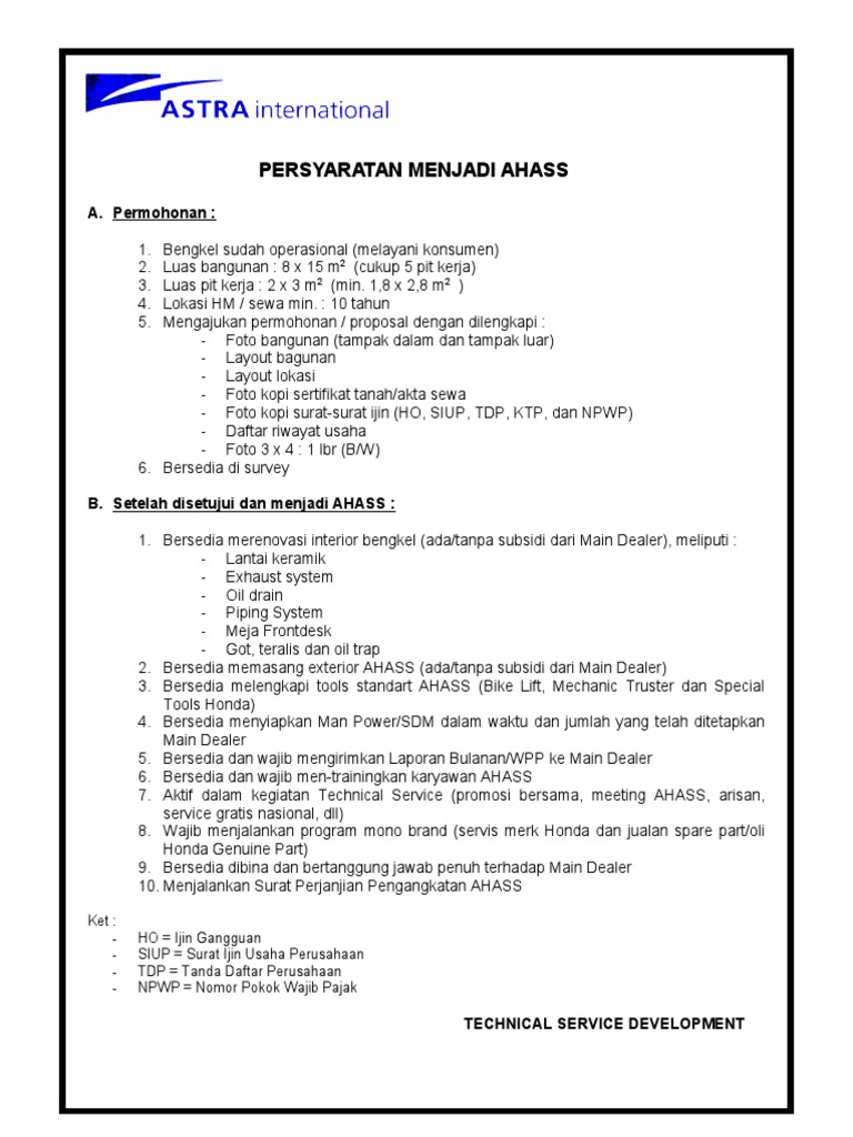 Syarat Menjadi Bengkel Resmi AHASS | PDF | Bisnis | Komputer