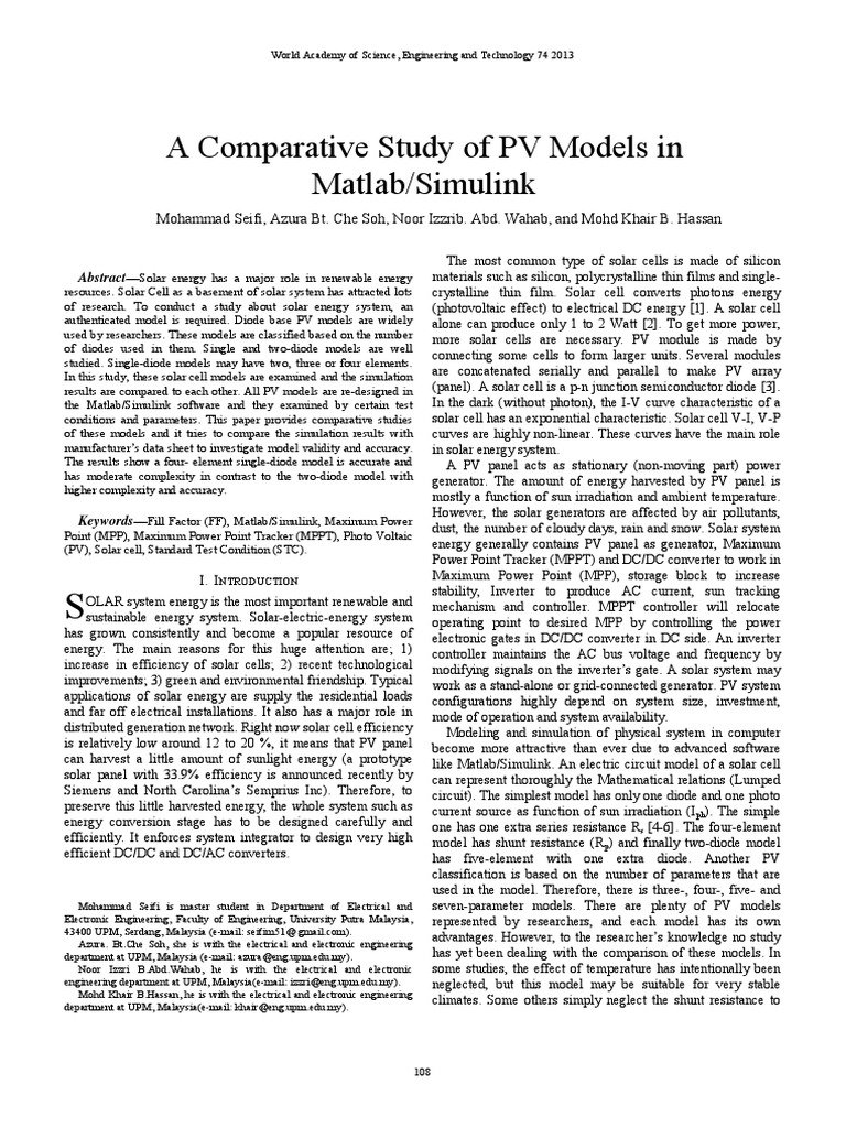 A Comparative Study of Single-Diode and Two-Diode Photovoltaic Models in Matlab/Simulink ...