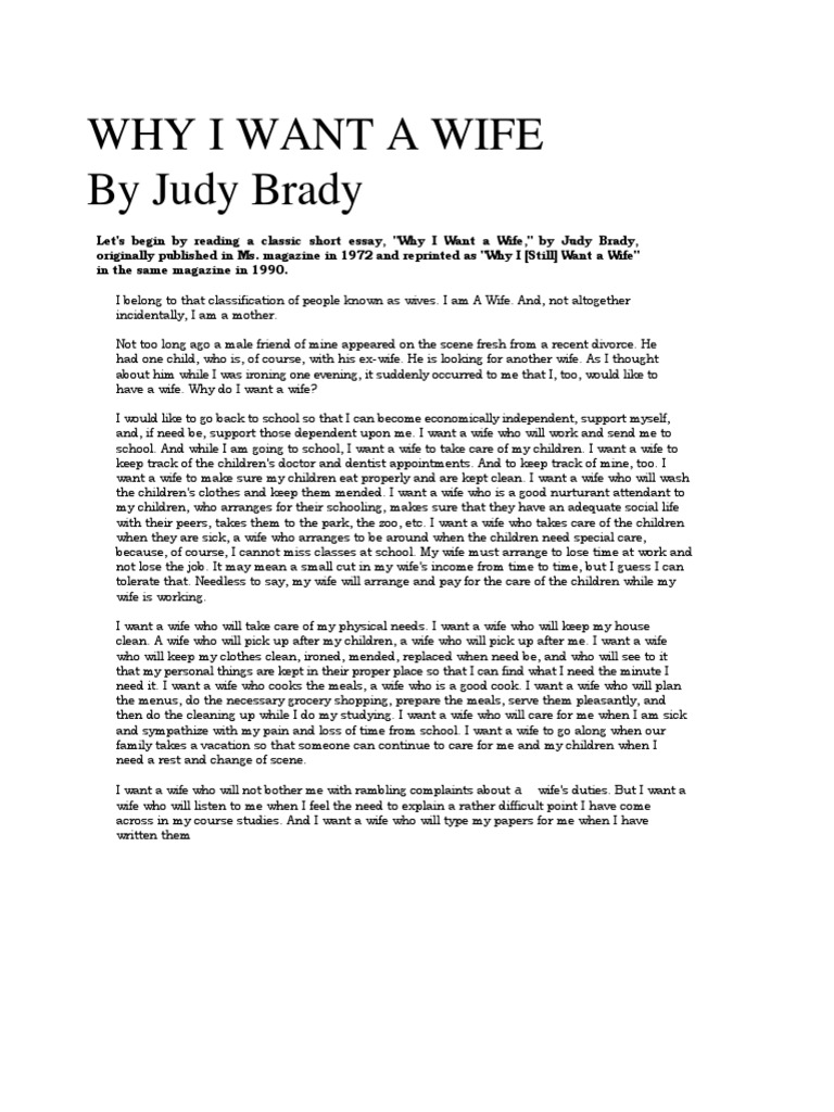 Why I Want a Wife by Judy Brady | PDF | Rhetoric | Essays