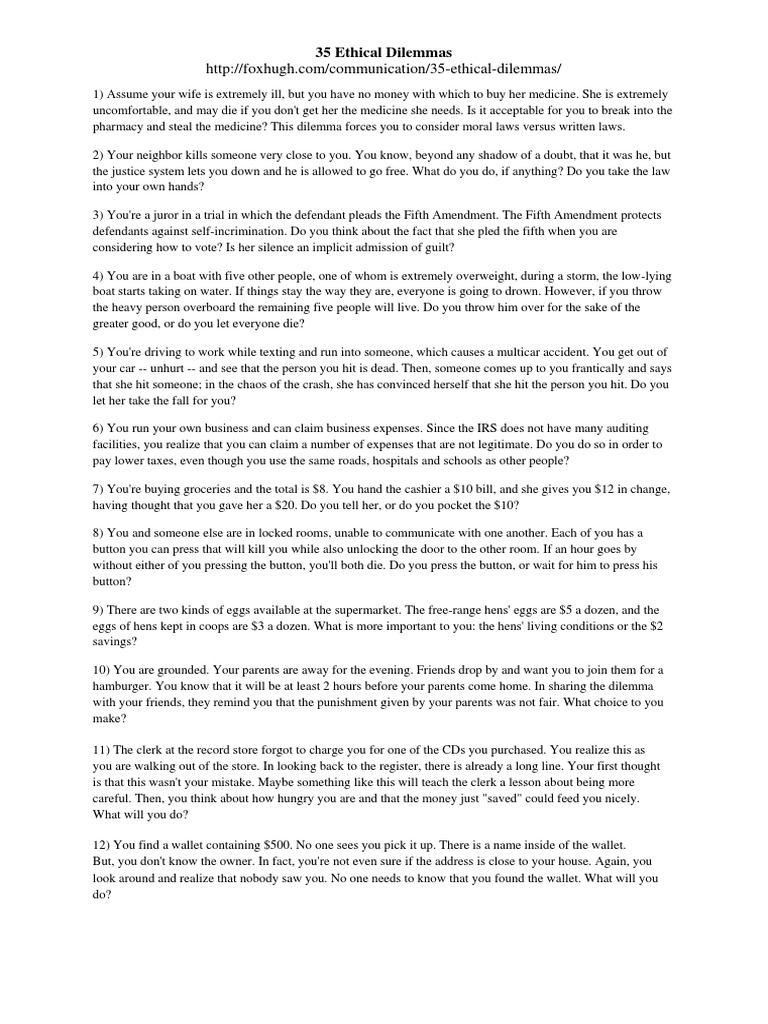 35 Ethical Dilemmas Worksheet | Fifth Amendment To The United States ...