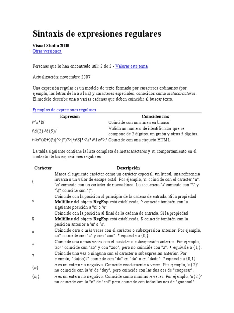 Sintaxis de expresiones regulares en C# | PDF | Cadena (informática ...