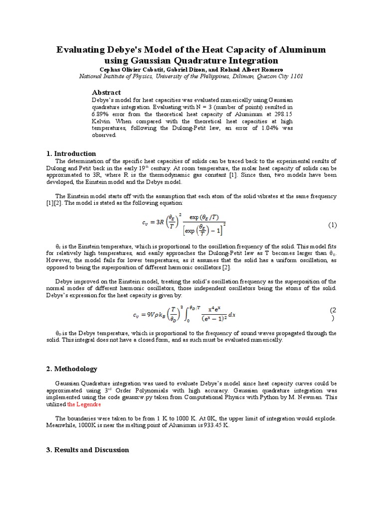 Evaluating Debye's Model of The Heat Capacity of Aluminum Using ...