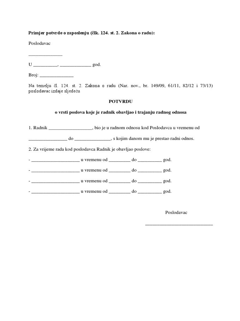 Ogledni Primjer Potvrde o Zaposlenju | PDF