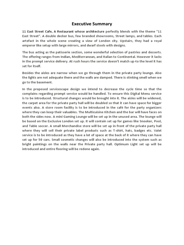 Executive Summary: 11 East Street Cafe, A Restaurant Whose Architecture ...