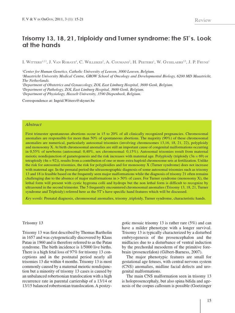 Trisomy 13, 18, 21, Triploidy and Turner Syndrome: The 5T's. Look at ...