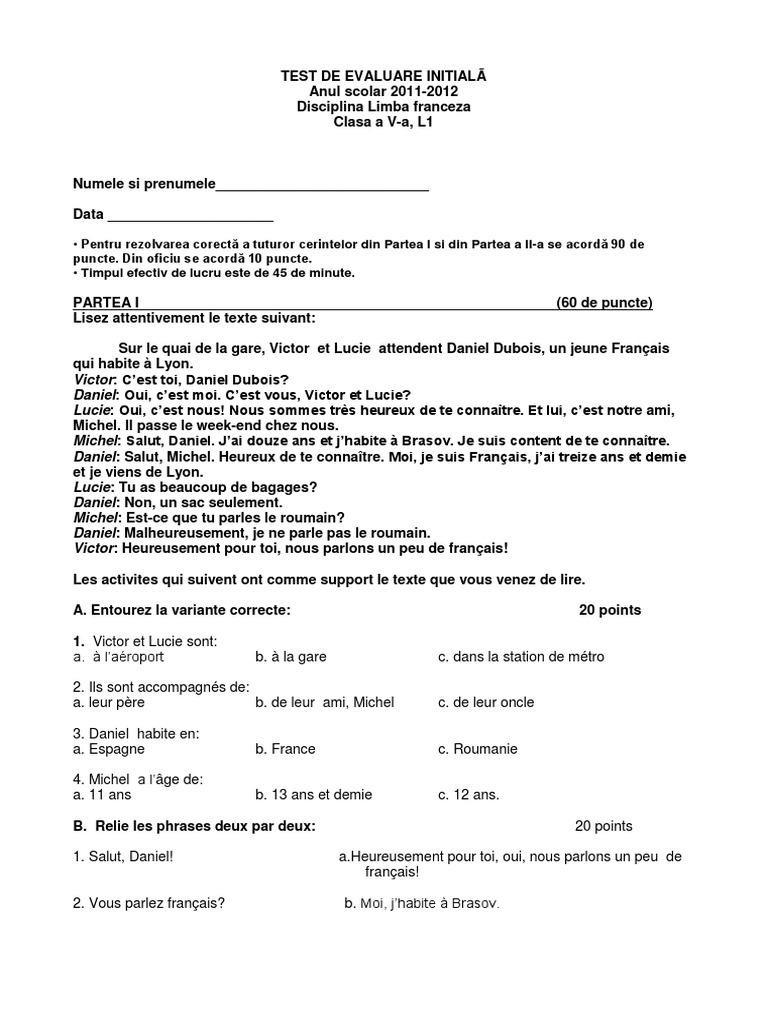 0 Test de Evaluare Initiala Franceza Cls V | PDF