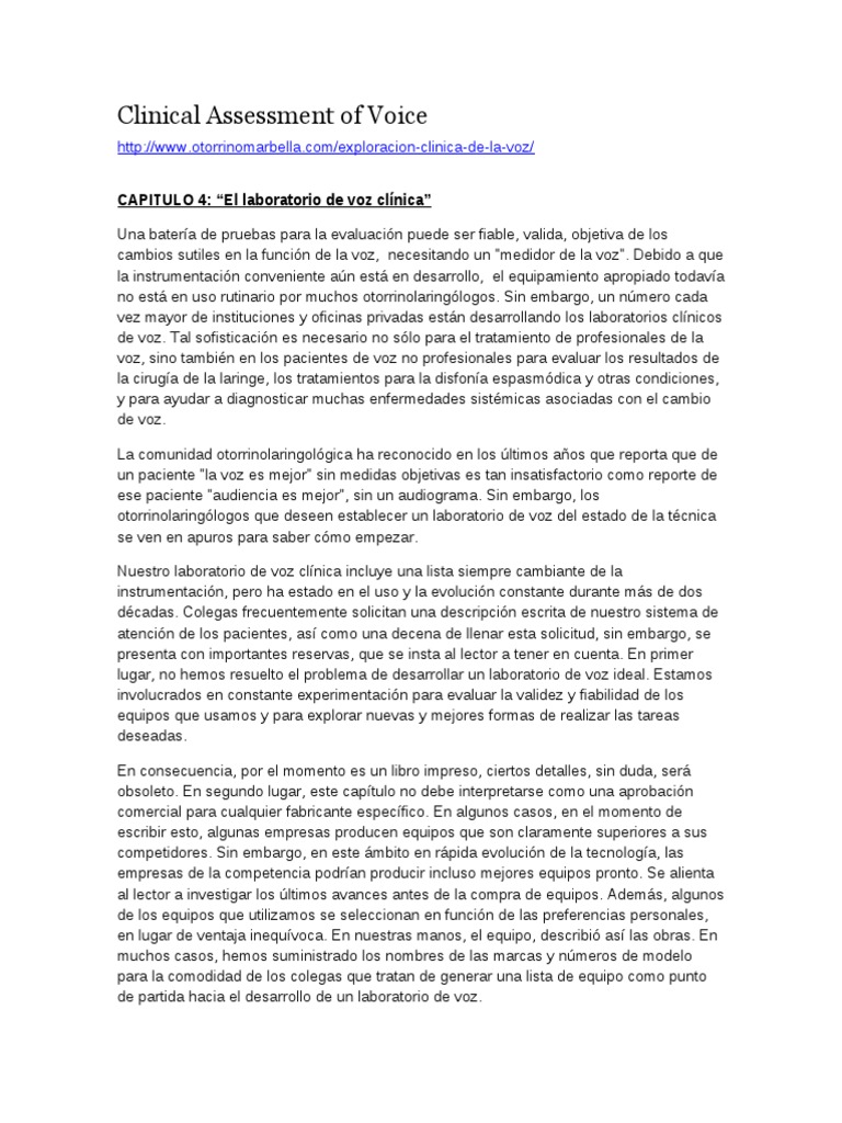 Clinical Assessment of Voice Traducido | PDF | Laboratorios | Salud y ...