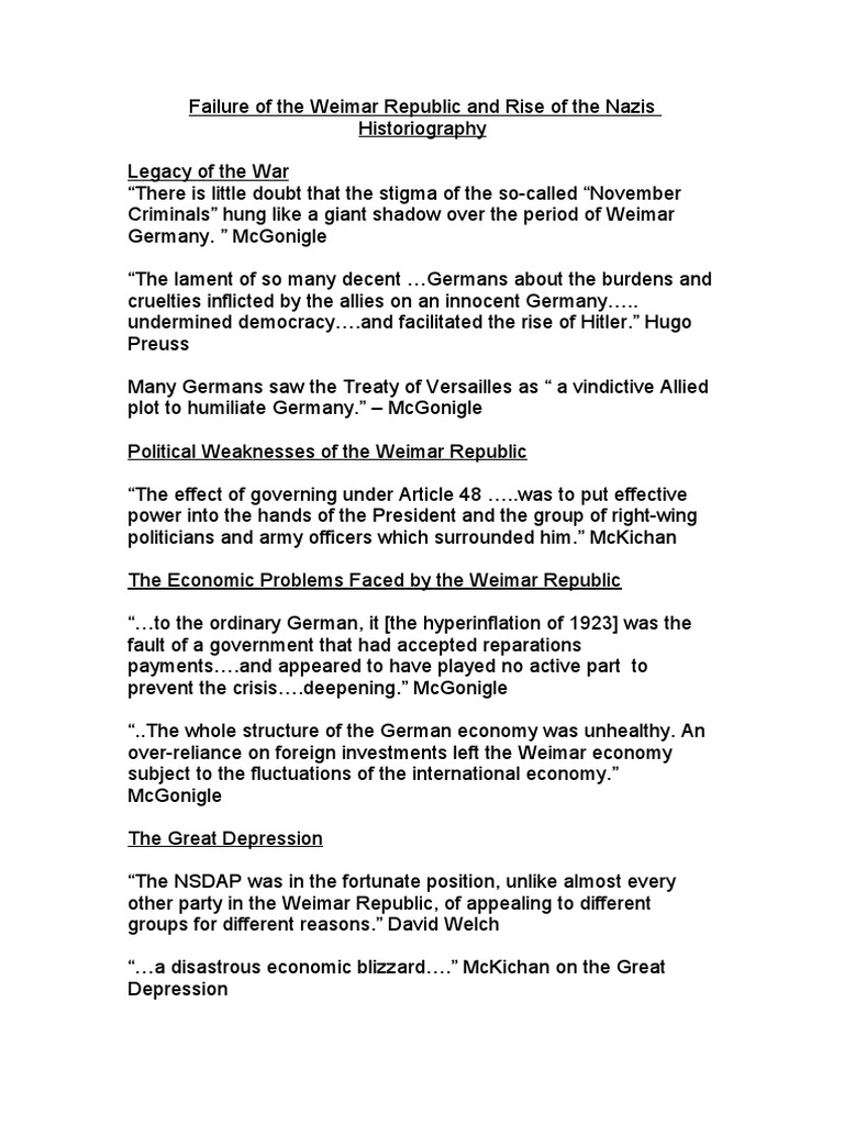 Failure of The Weimar Republic and Rise of The Nazis Historiography ...