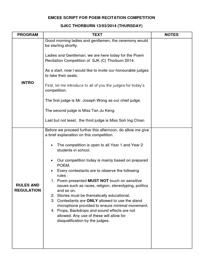 Emcee Script For Poem Recitation 2014 | PDF | Career & Growth