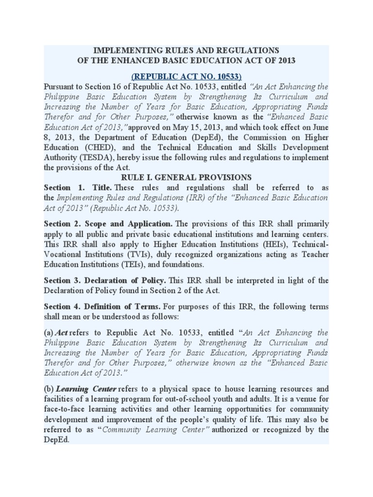 Implementing Rules And Regulations 10533 School Counselor Curriculum