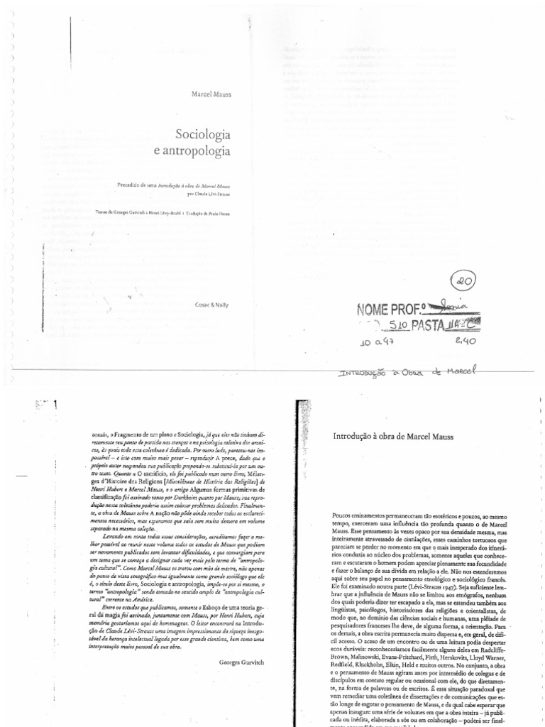 Mauss Marcel Sociologia e Antropologia Introduc3a7c3a3o A Obra de ...