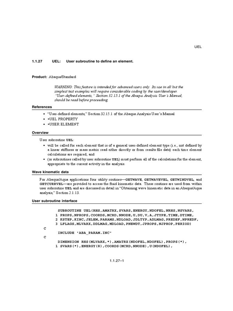 Abaqus User Subroutines Reference Manual - UEL | PDF | Matrix (Mathematics) | Subroutine
