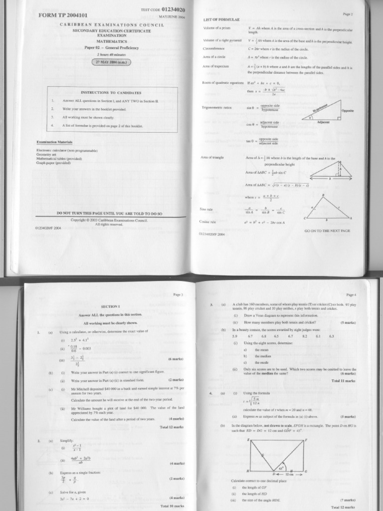 Csec Mathematics May 2004 | PDF