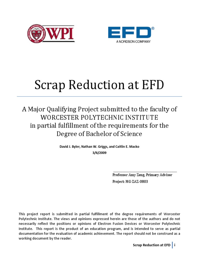 Scrap Reduction EFD MQP | PDF | Six Sigma | Lean Manufacturing