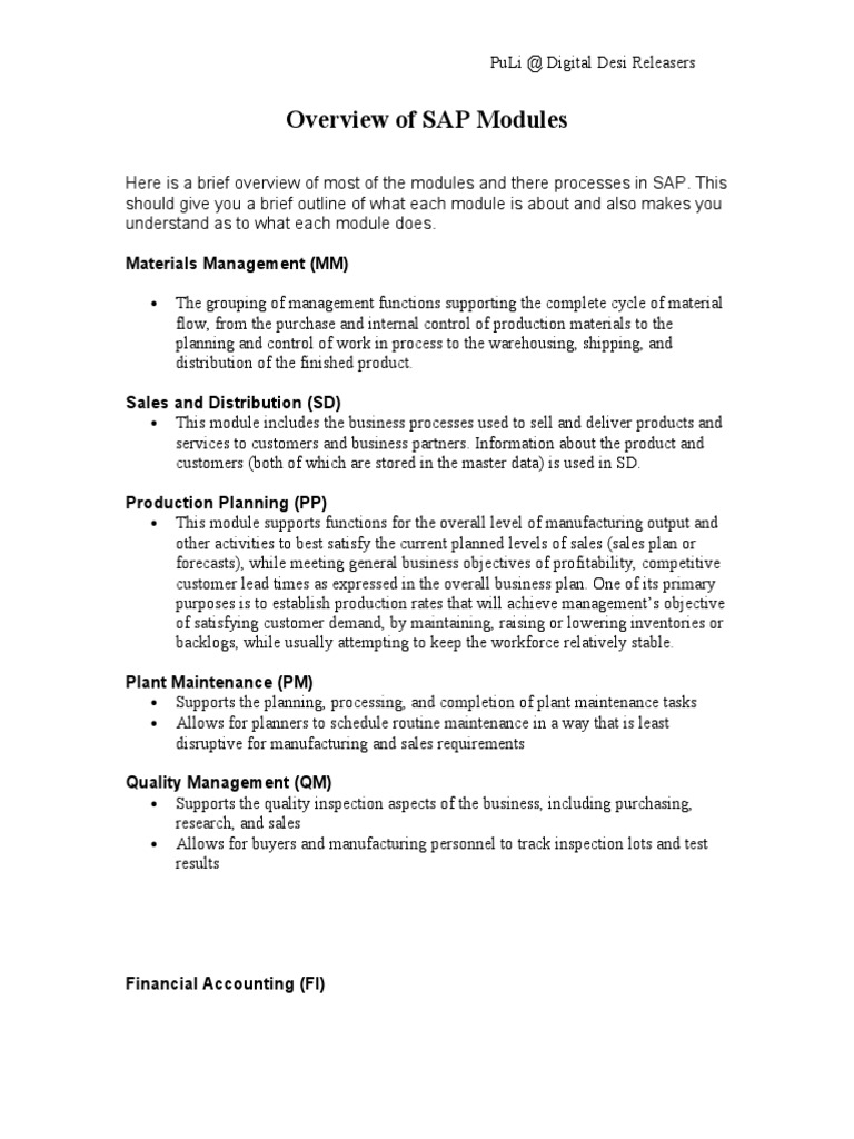 Overview of SAP Modules | PDF | Finance & Money Management