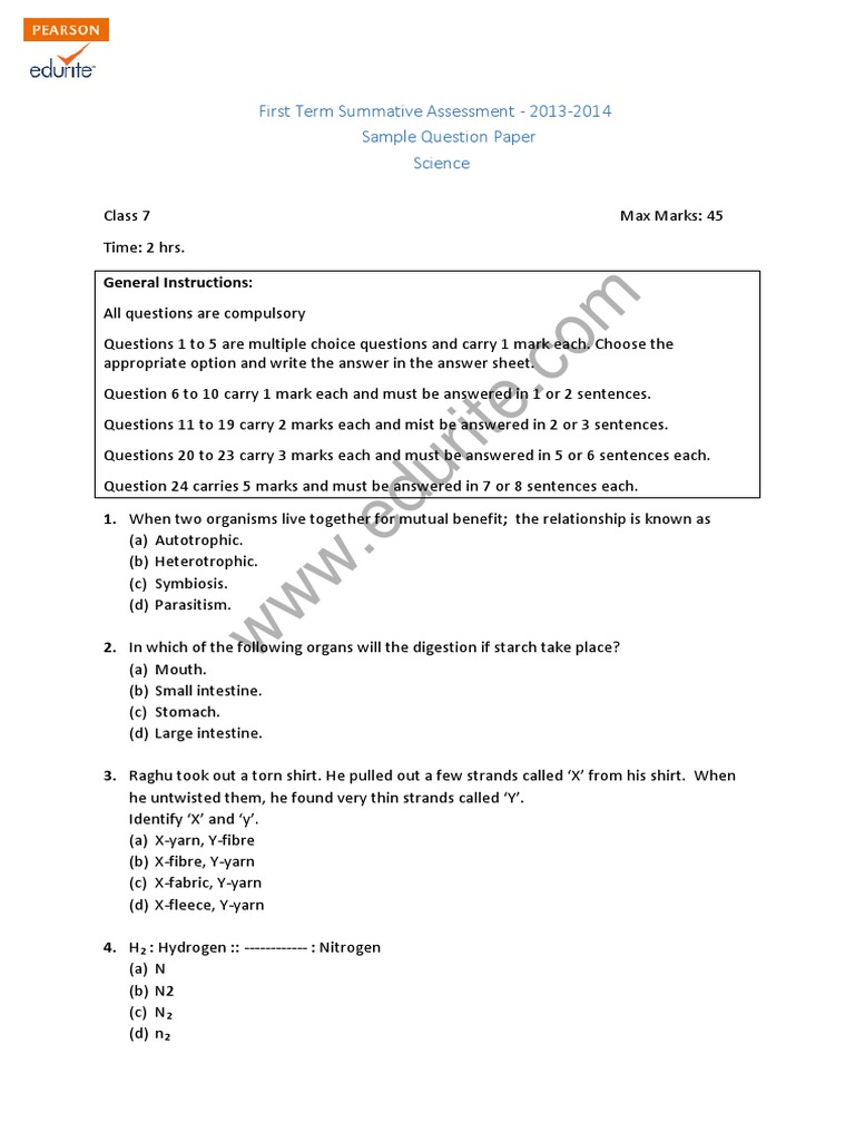 Class 7 Cbse Science Sample Paper Term 1 Model 1 | PDF | Chemical ...