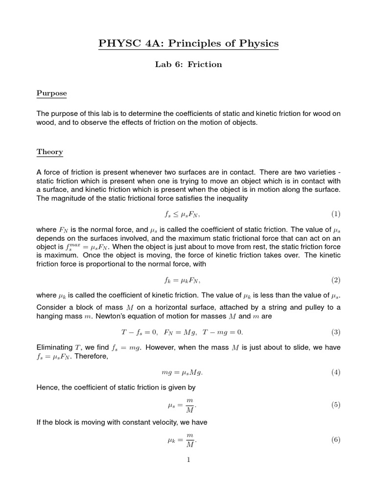 PHYSC 4A: Principles of Physics: Lab 6: Friction | PDF | Friction ...