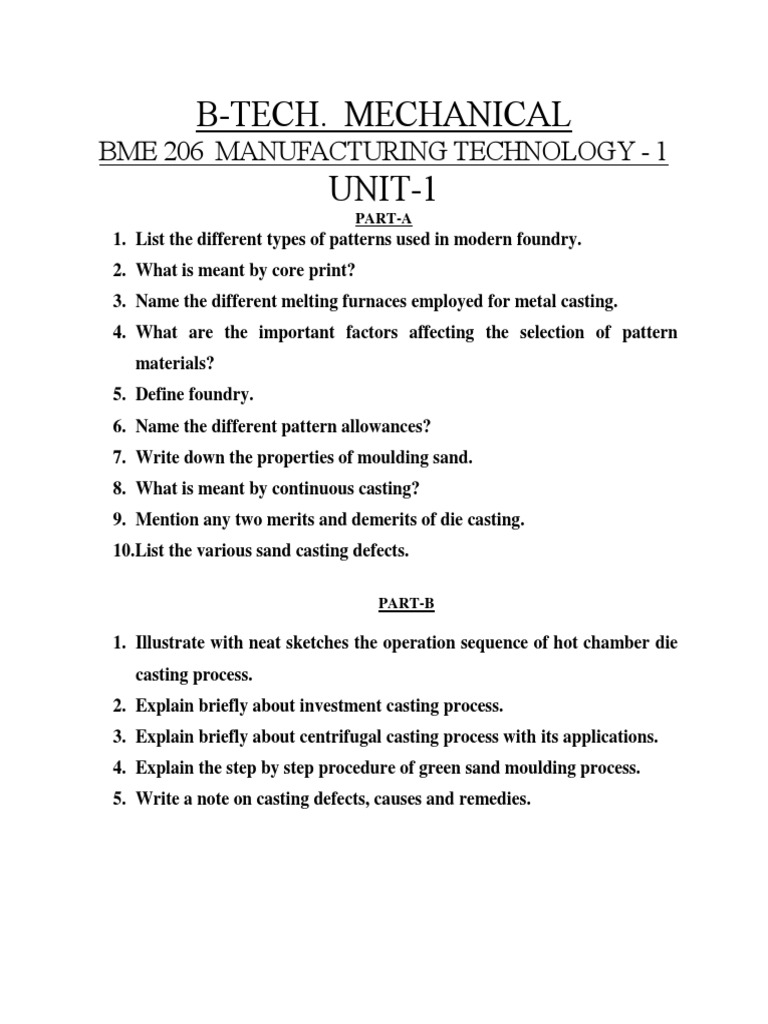 B-Tech. Mechanical UNIT-1: Bme 206 Manufacturing Technology - 1 | PDF ...