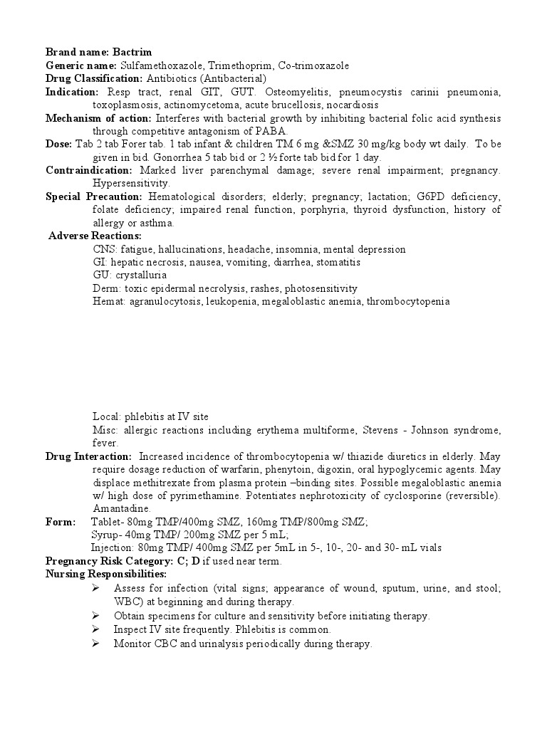 Brand Name: Bactrim Generic Name: Sulfamethoxazole, Trimethoprim, Co ...
