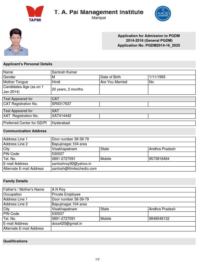 Application For Admission To PGDM 2014-2016 (General PGDM) Application No: PGDM2014-16 - 2625 ...