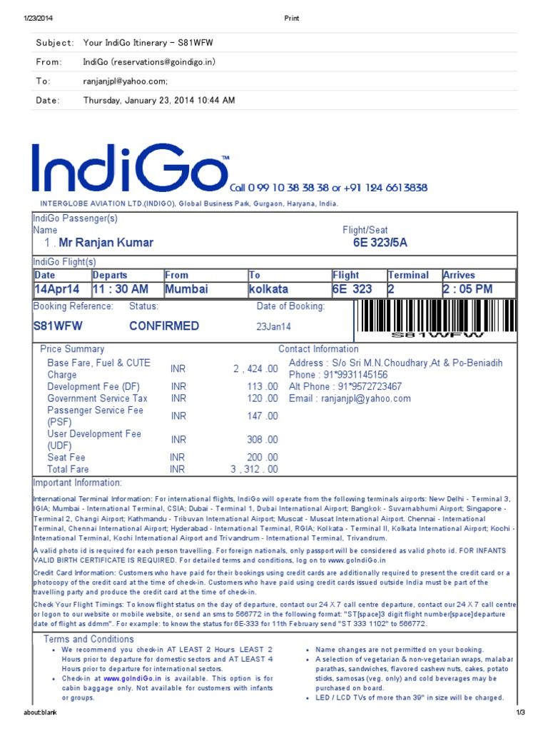 Your IndiGo Itinerary - S81WFW: Flight details and terms for travel ...