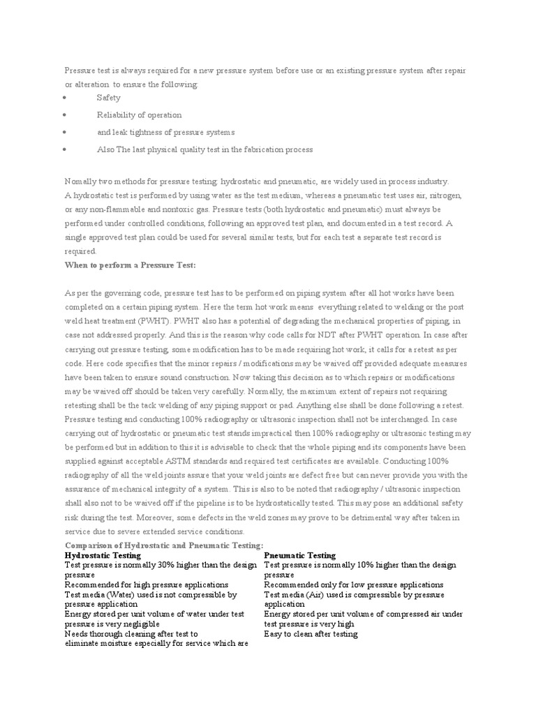 Pressure Test in Piping Systems - Hydro and Pneumatic Tests | PDF ...