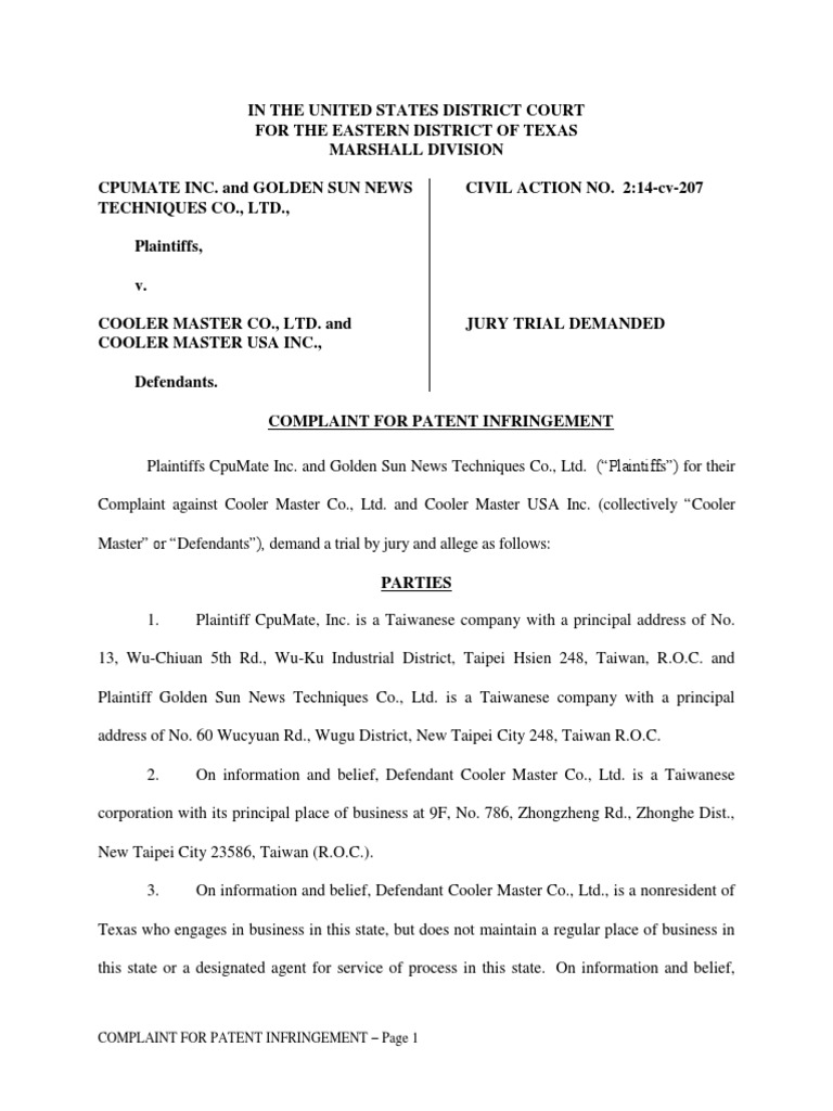 CpuMate Et. Al. v. Cooler Master Et. Al. | PDF | Injunction | Patent