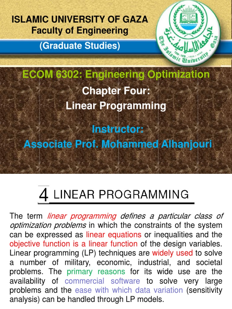 ECOM 6302: Engineering Optimization: Chapter Four: Linear Programming | PDF | Mathematical ...