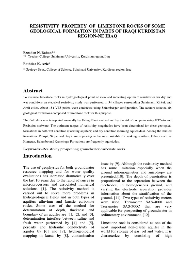 Baban Resistivity Property of Limestone Rocks of Some Geological ...