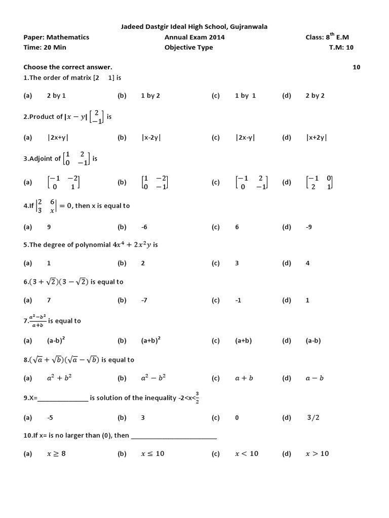 8th Class Math | PDF | Matrix (Mathematics) | Linear Algebra