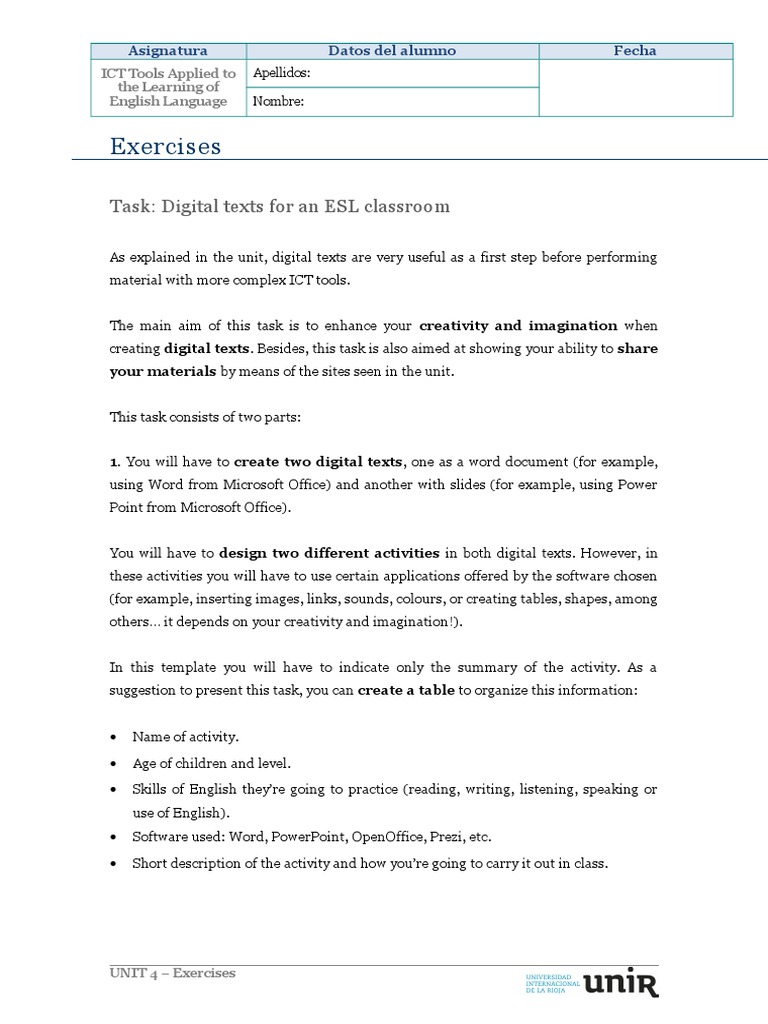 Exercises: Task: Digital Texts For An ESL Classroom | PDF | Educational ...