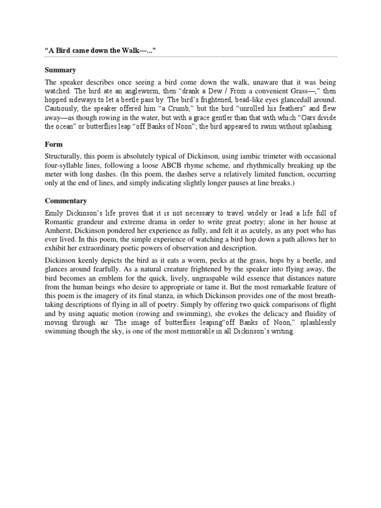 Analysis of "A Bird Came Down the Walk" | PDF
