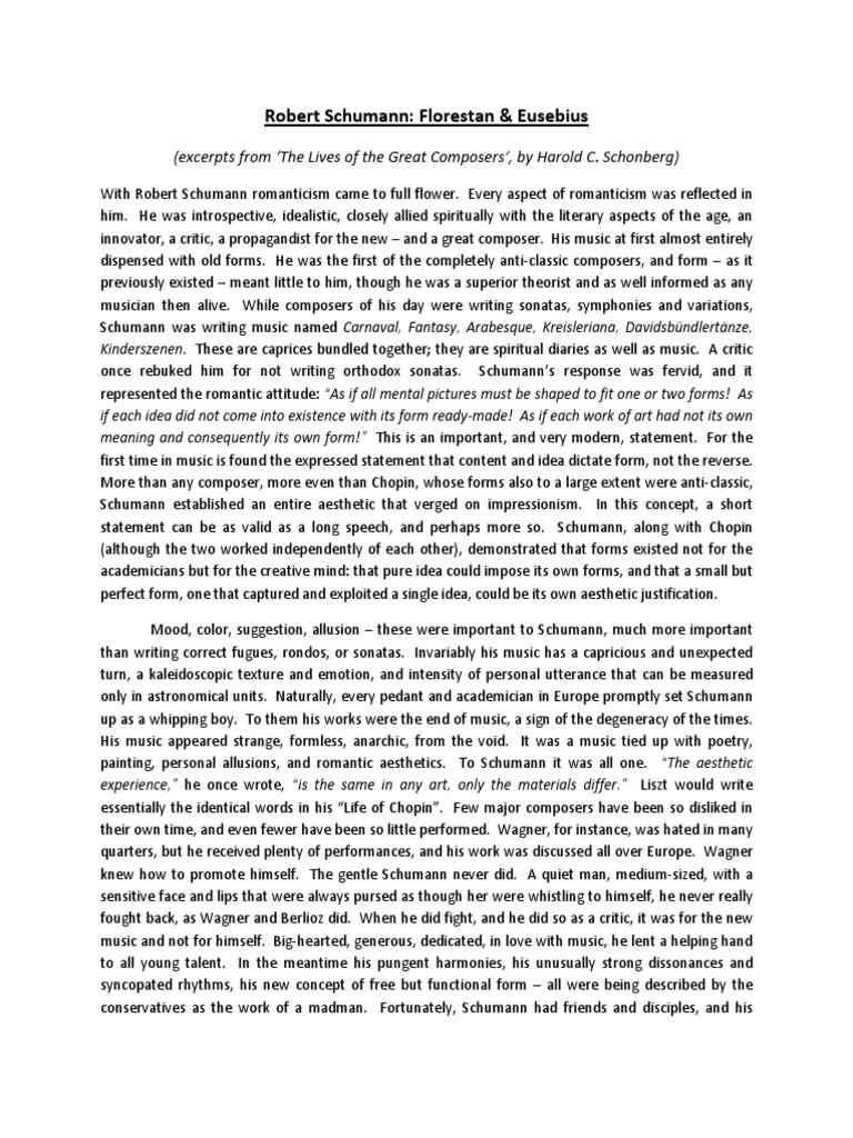 Robert Schumann: Florestan & Eusebius: (Excerpts From The Lives of The ...